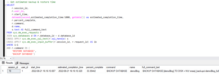 Get Estimated Database Backuprestore Example Sql Dba Blog